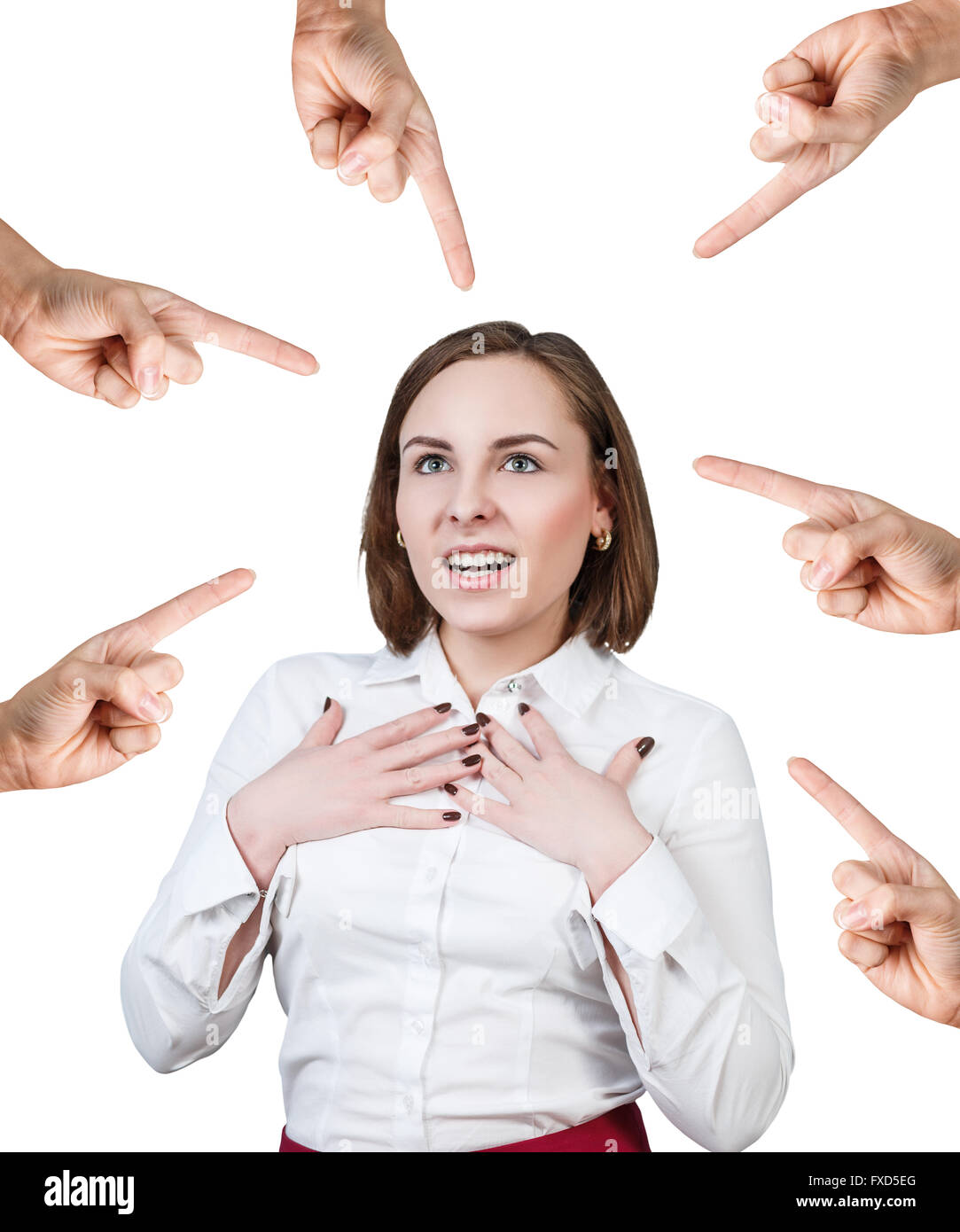 Many hands point on young surprised woman Stock Photo - Alamy