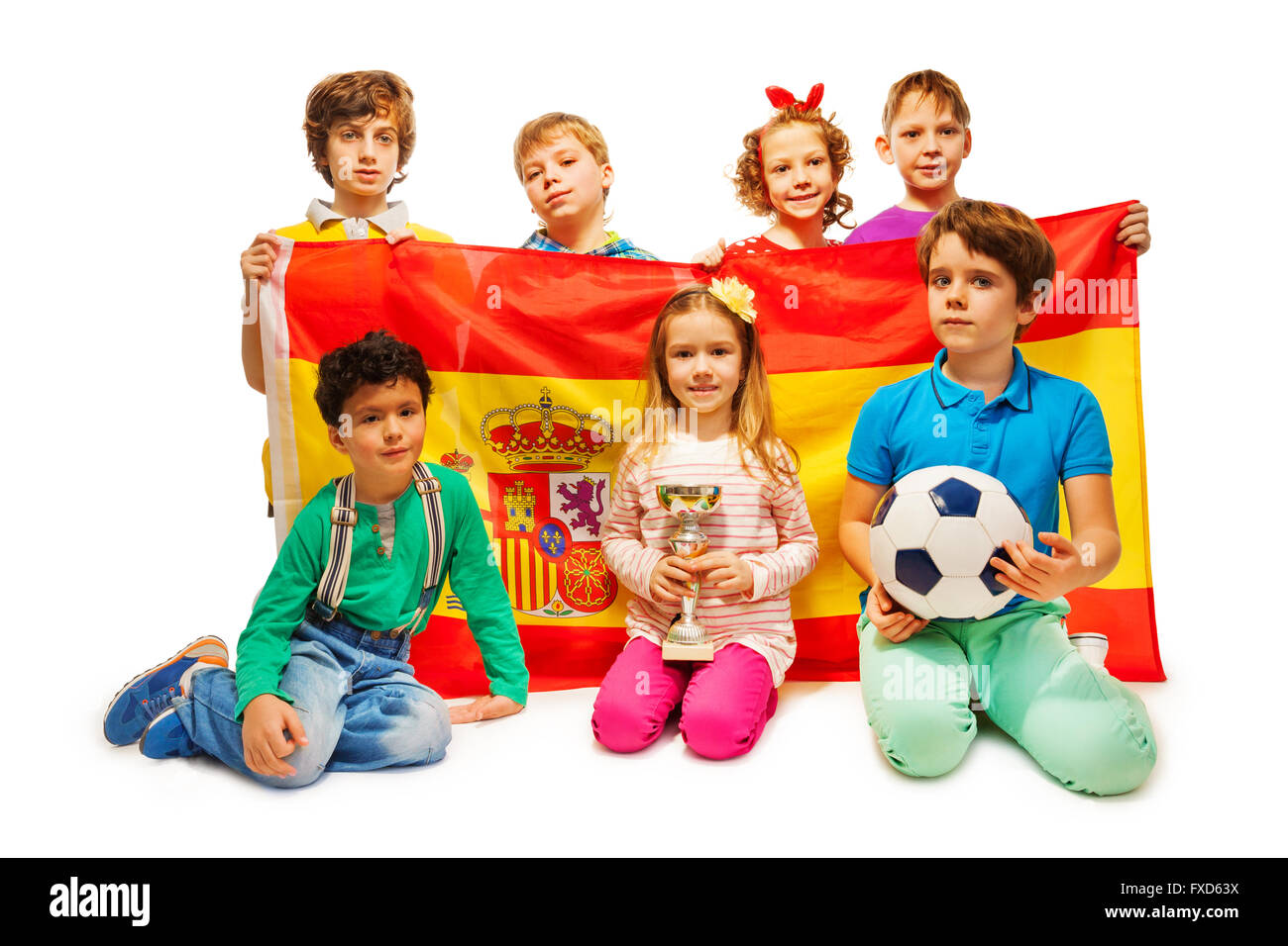 Seven football fans with ball holding Spanish flag Stock Photo - Alamy
