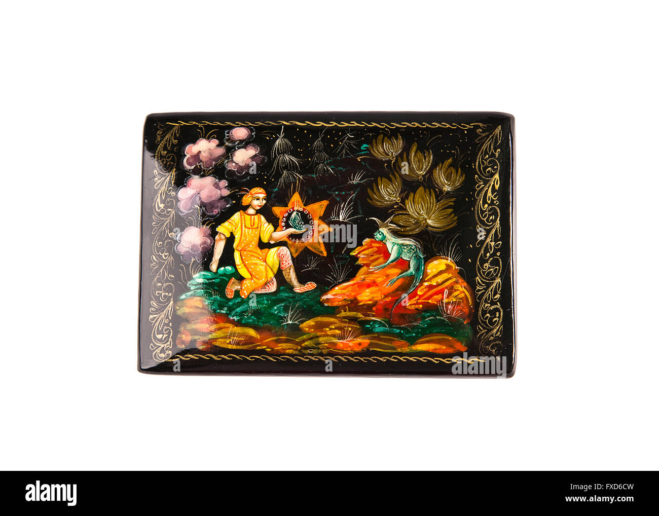 Black wooden lacquered casket with painting on lid. The theme of ...