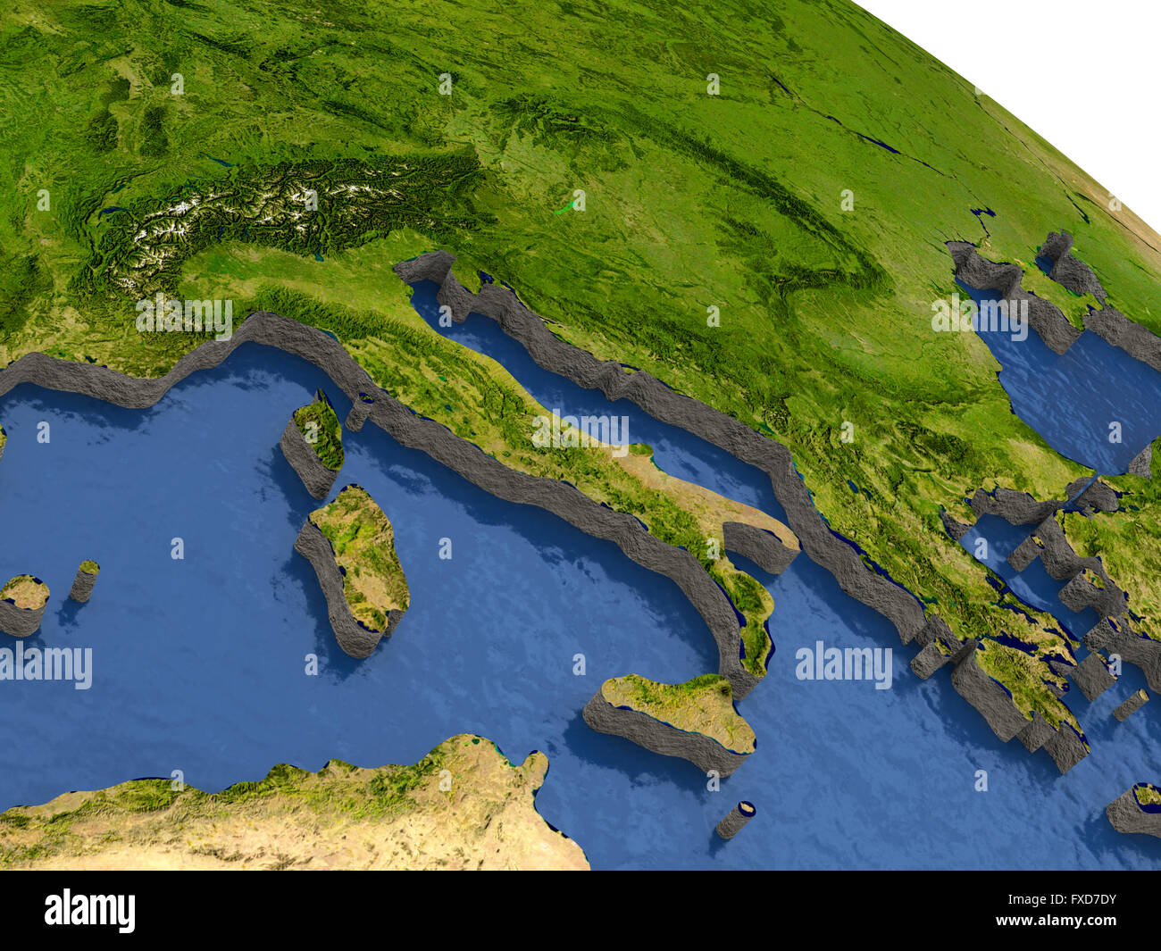 Italy region on detailed model of planet Earth with continents lifted ...