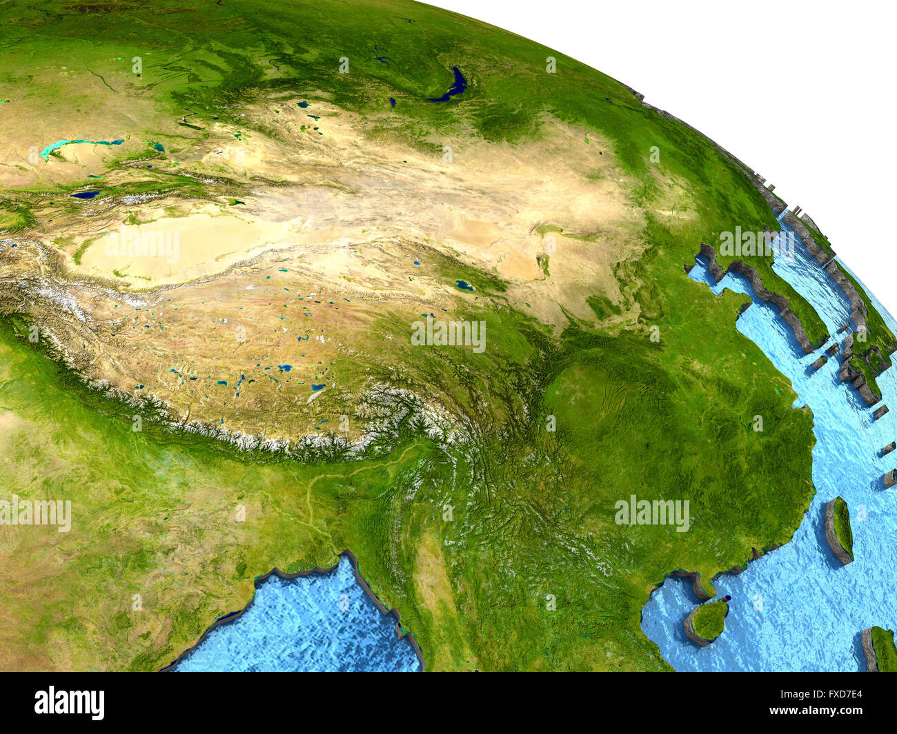 China region on detailed model of planet Earth with continents lifted ...