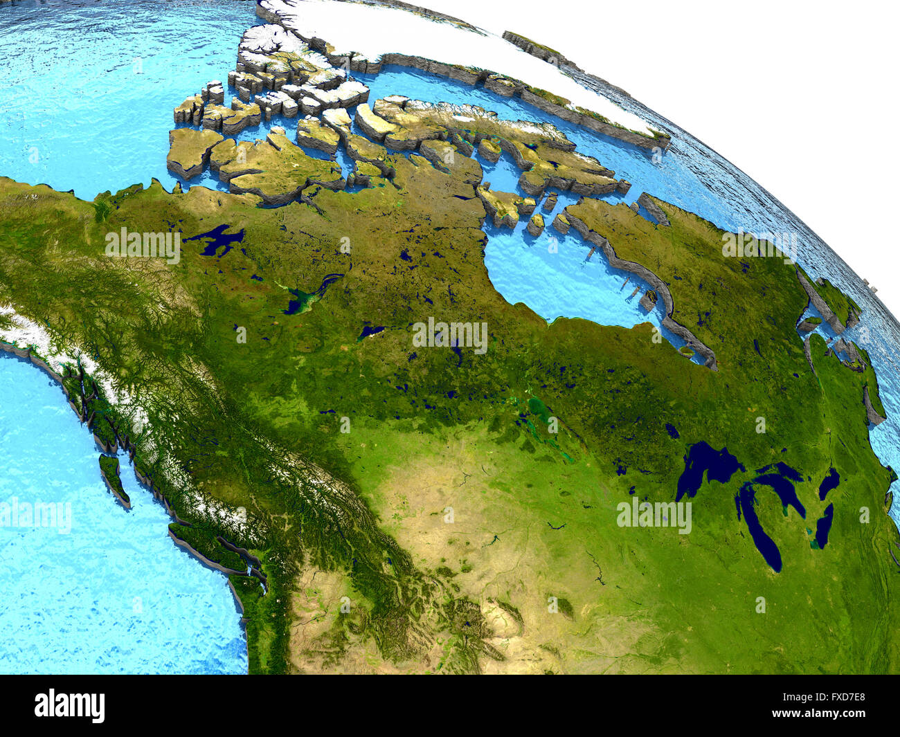 Canada region on detailed model of planet Earth with continents lifted ...