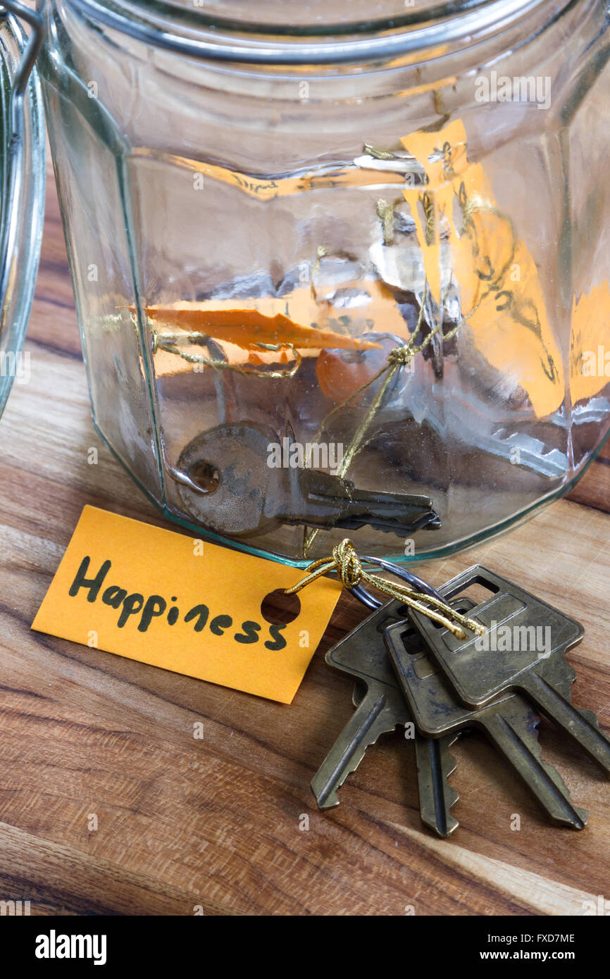concept image using hand written tags and and old jar with the keys to ...