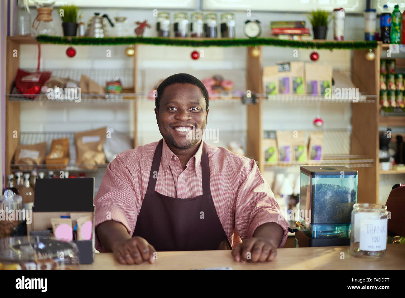 Cheerful shop assistant Stock Photo - Alamy