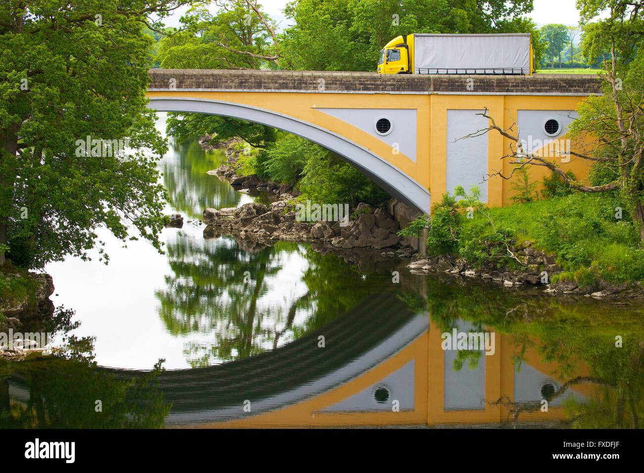 Lorry crossing road bridge over the River Lune. Kirkby Lonsdale, South ...