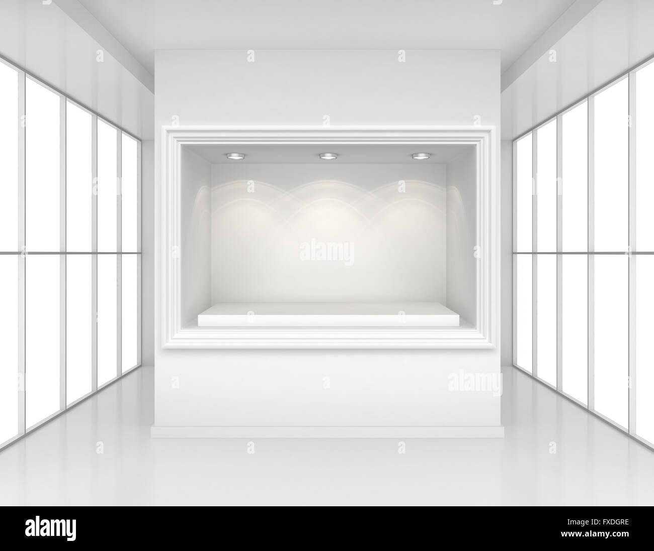 Showcase with lights and podiums for samples product in blank interior ...