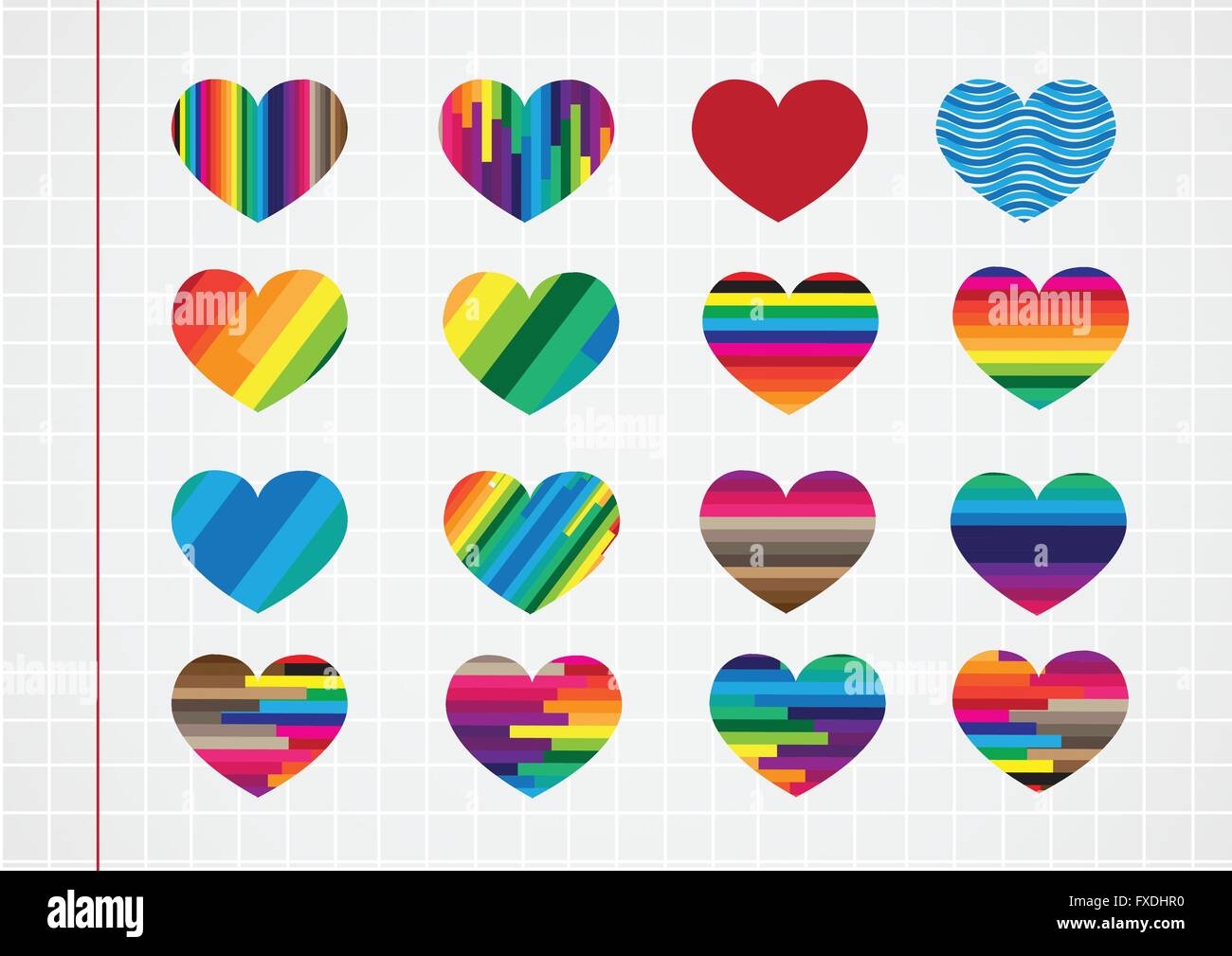 Heart abstract icons signs and symbols set on notebook paper background ...