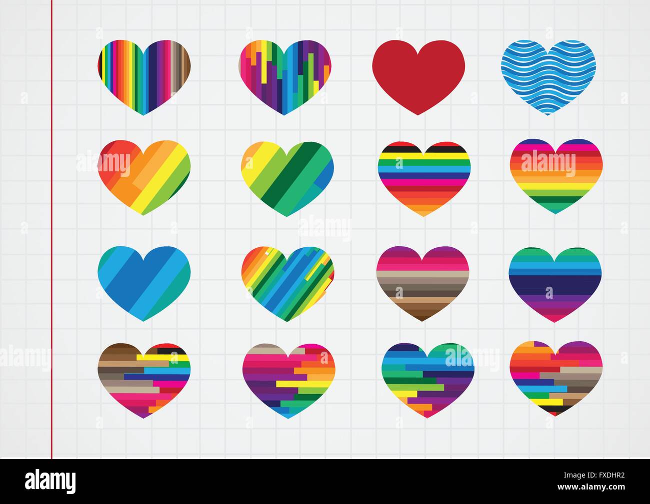 Heart abstract icons signs and symbols set on notebook paper background ...