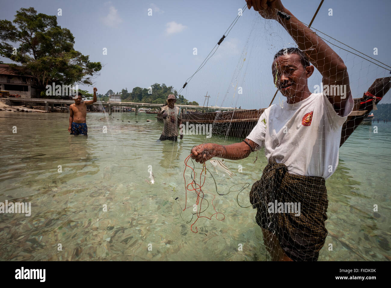 Myanmar, Asia, Lampi Marine National Park, men fishing using fishing ...
