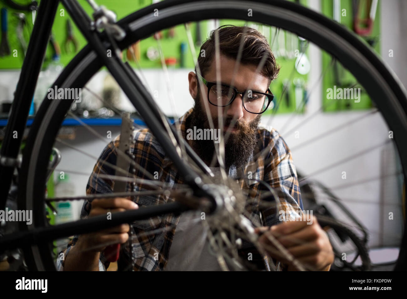 Bike mechanic checking at bicycle Stock Photo - Alamy