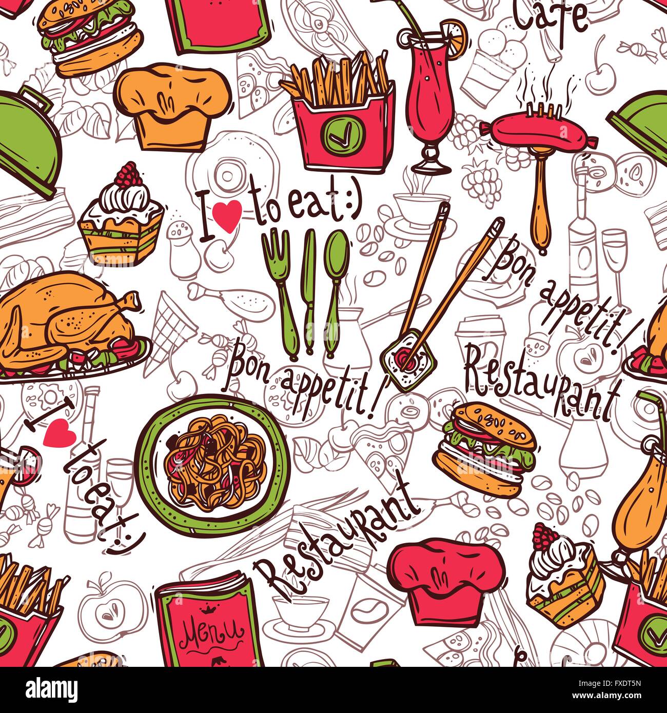 Restaurant symbols seamless pattern doodle sketch Stock Vector Image ...