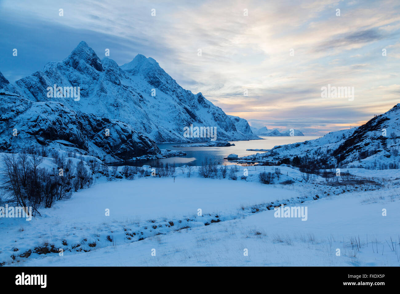 Landscape in winter, bay near Unstad, Lofoten, Norway Stock Photo - Alamy