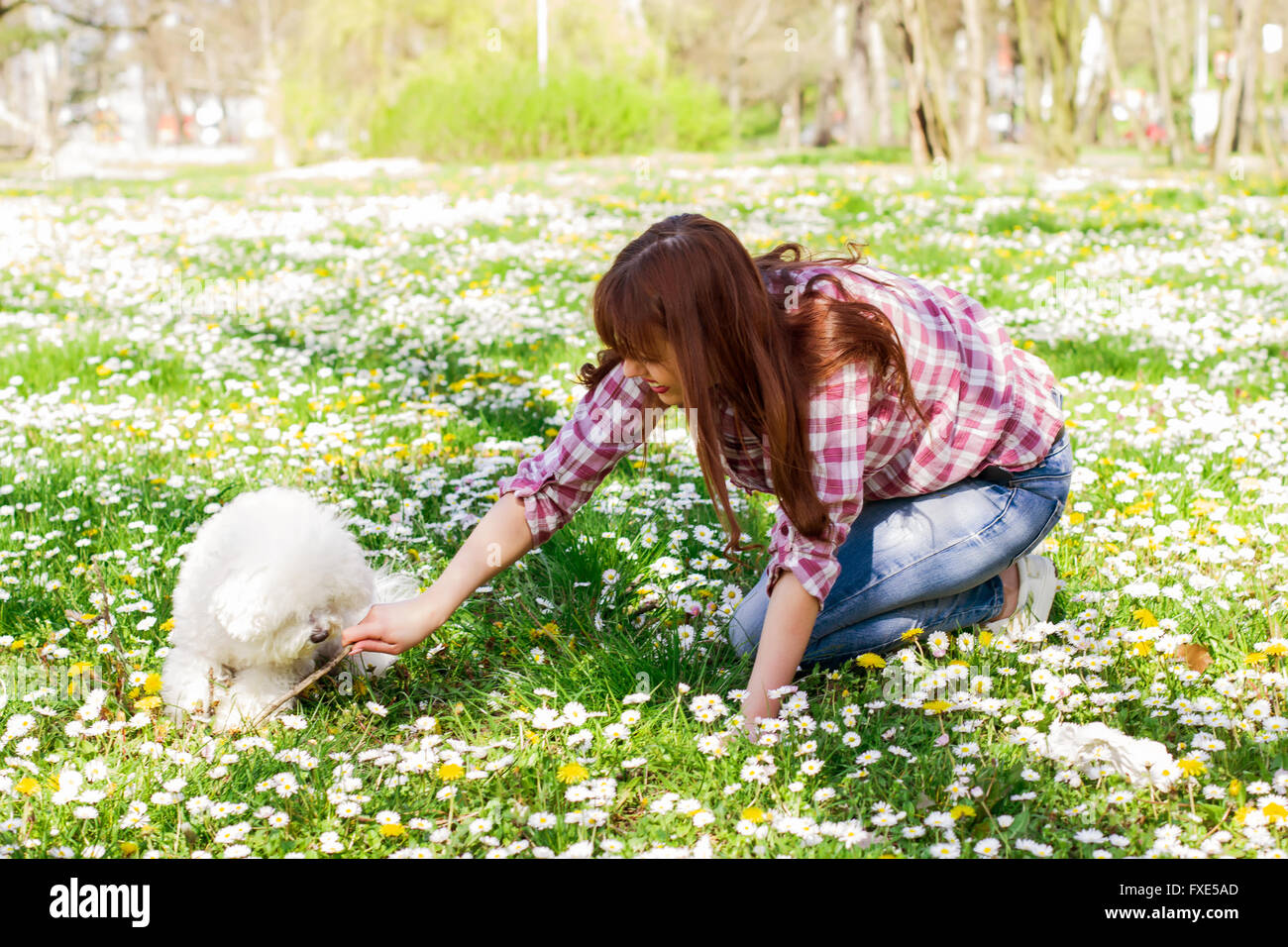 Happy beautiful young woman, enjoying nature with her dog, at sunny ...
