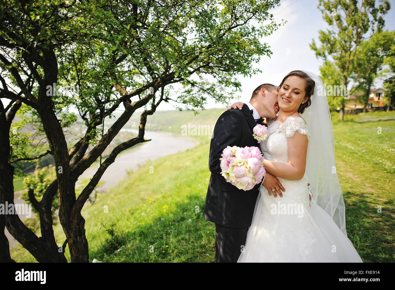 Groom kissing neck of bride background landscape with river Stock Photo ...