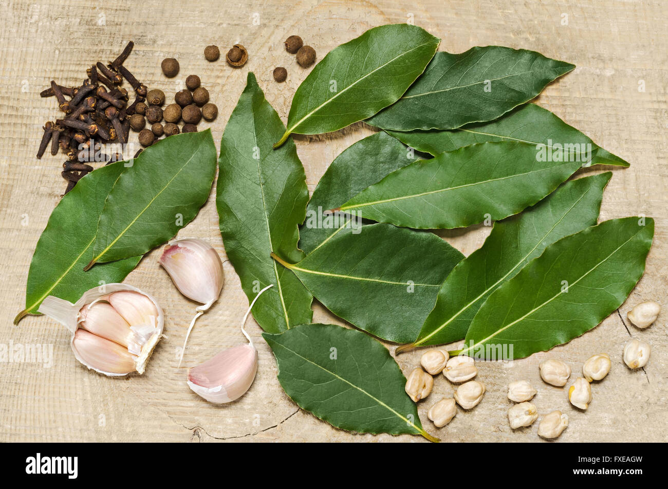 Bay leaf, spices, lying on the old Board Stock Photo - Alamy