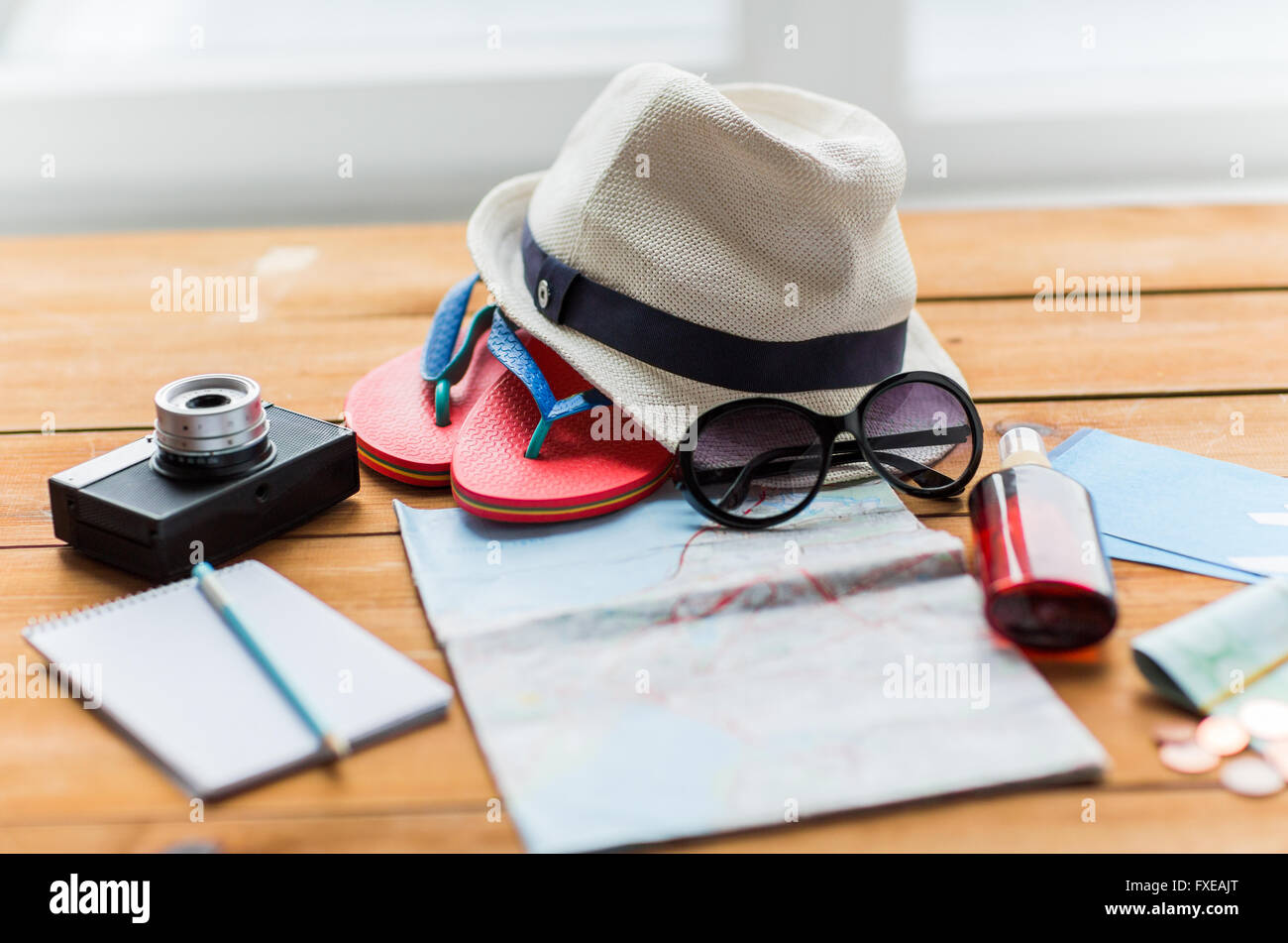 close up of travel map, tickets, money and stuff Stock Photo - Alamy