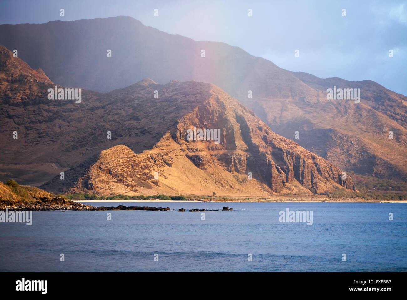 View of Makua Beach and Valley, Koolau mountains at coastline of West ...