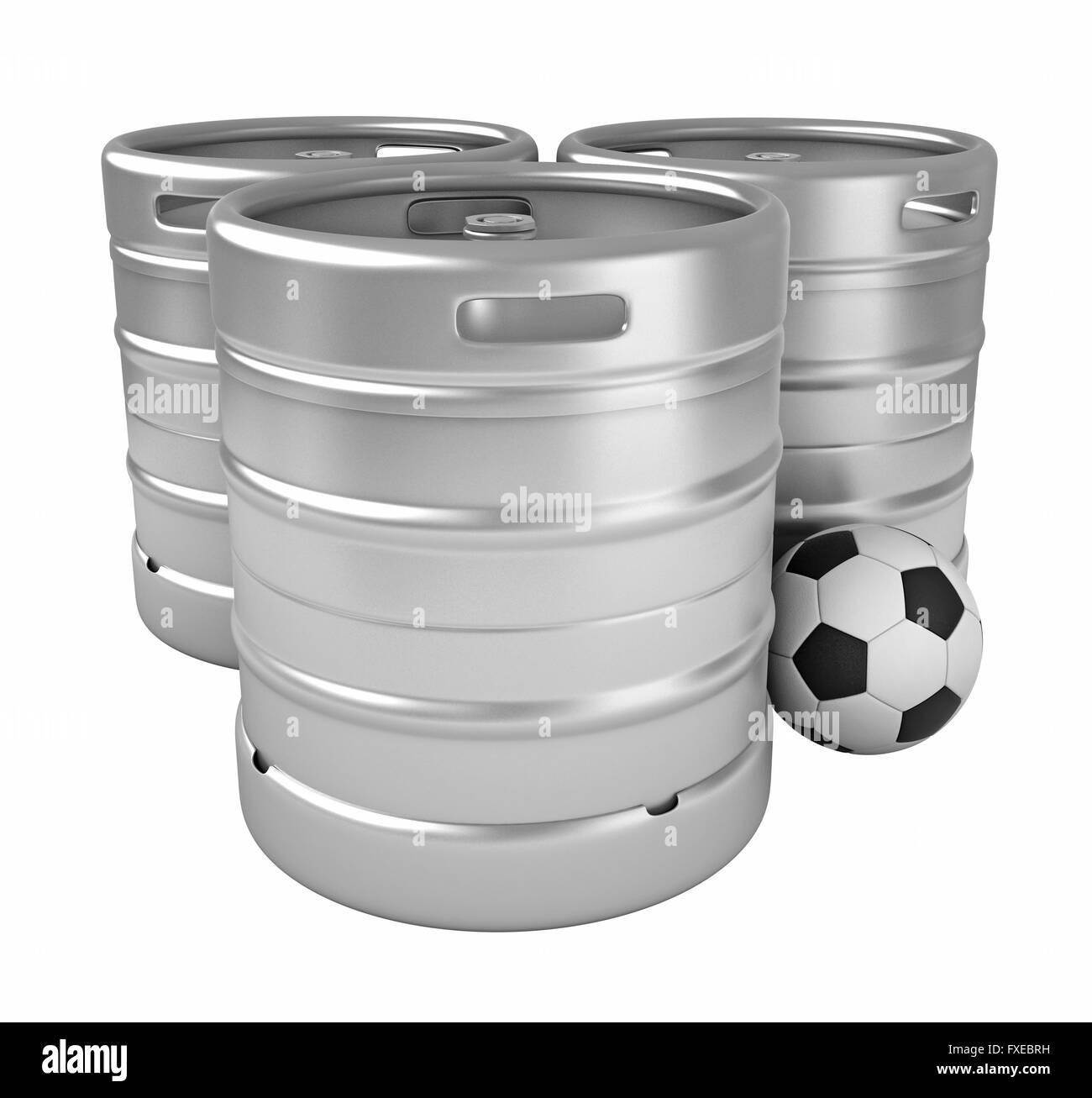 3d rendering of beer kegs and soccer ball isolated over white ...