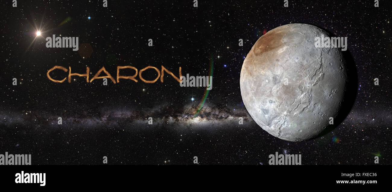 View of Charon in outer space in a star field. Elements of this image ...