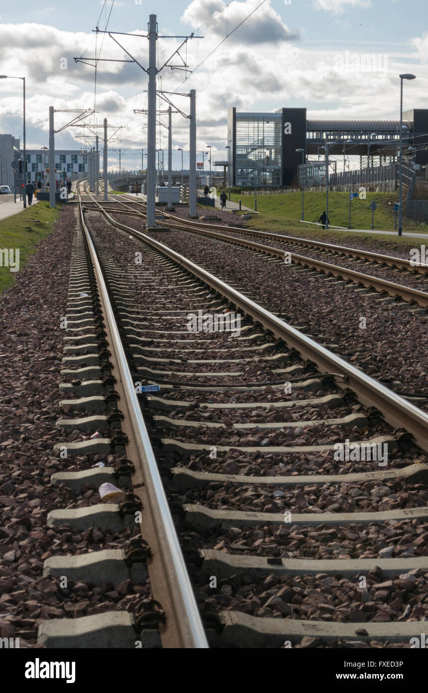 Edinburgh tramlines track, rail section towards Edinburgh Park station ...