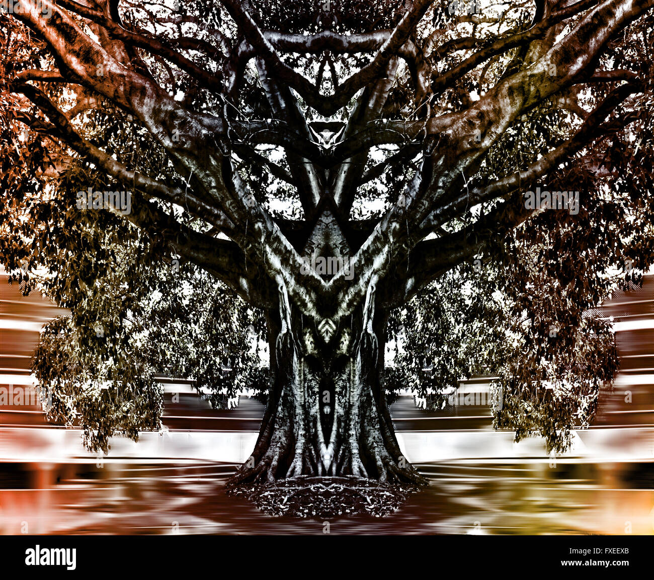 A dark fantasy of a tree in perfect symmetry with a malevolent ...