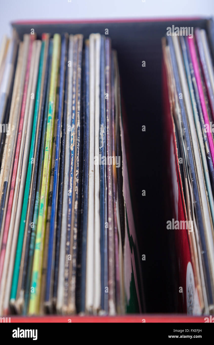 Vinyl records in a box Stock Photo - Alamy