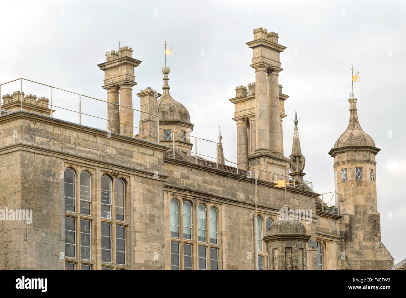 Detailed rooftop view of Burghley House, a 16th-century country house ...