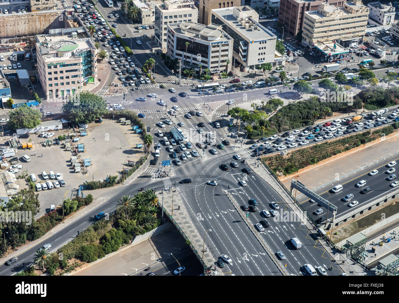 Shalom Bridge over Ayalon highway in Tel Aviv, Israel. Aerial view from ...
