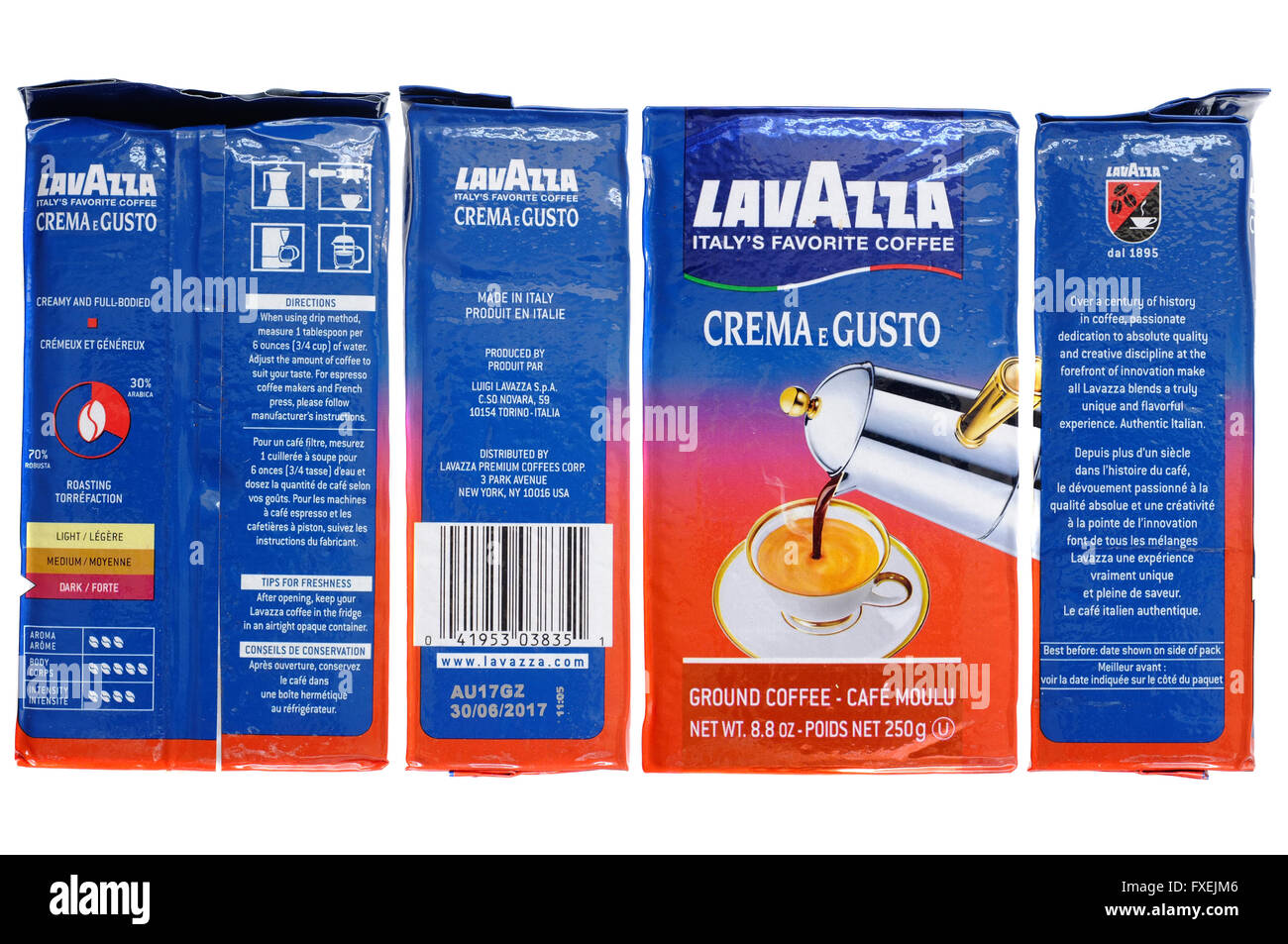 The front, side and back of Lavazza ground coffee packaging ...