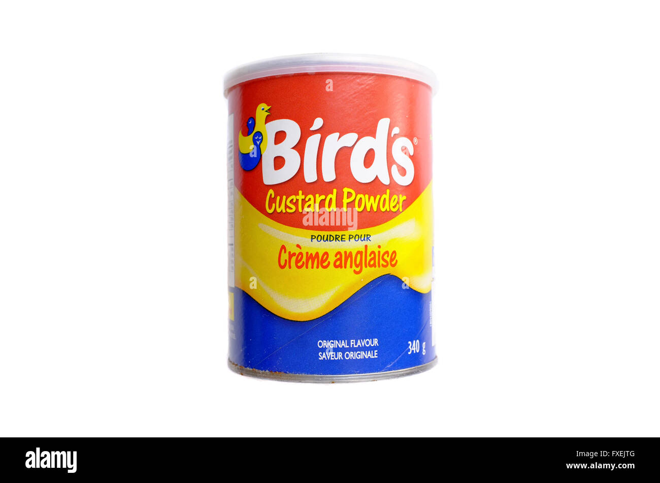 A tub of Bird's Custard powder photographed against a white background ...