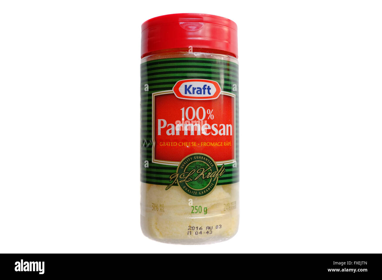 A container of Parmesan photographed against a white background Stock ...
