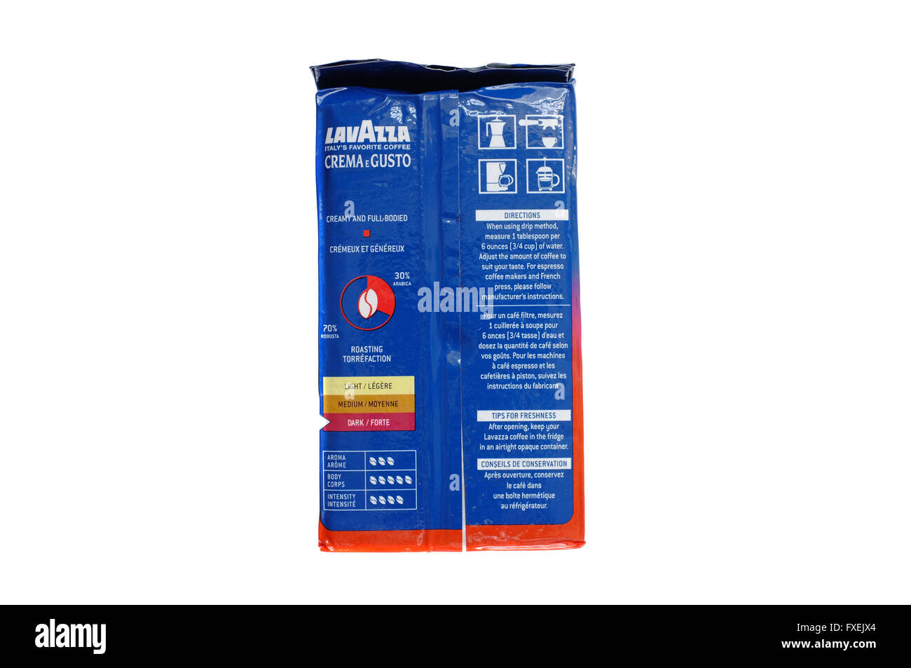 The back of a packet of Lavazza ground coffee photographed against a ...