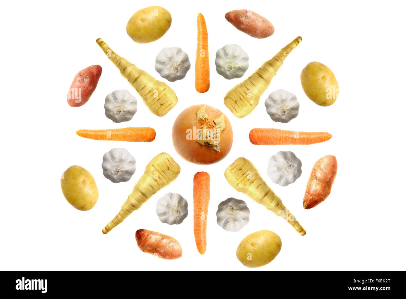 A symmetrical pattern formed of different vegetables photographed ...
