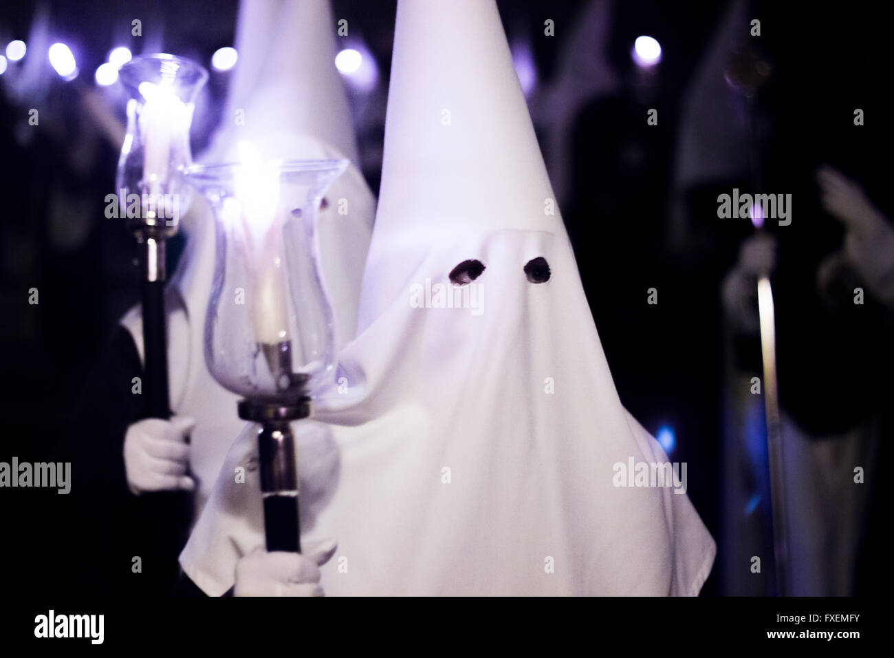 Easter catholic Spanish procession Semana Santa. Catholics wear pointed ...
