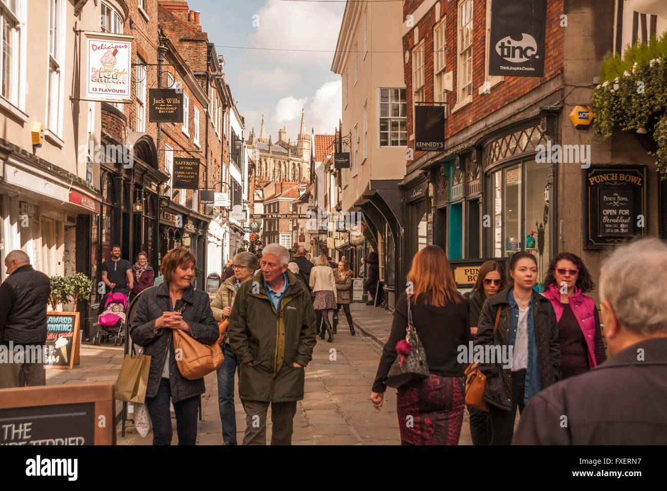 A view of the busy Stonegate street in the historic city of York,North ...