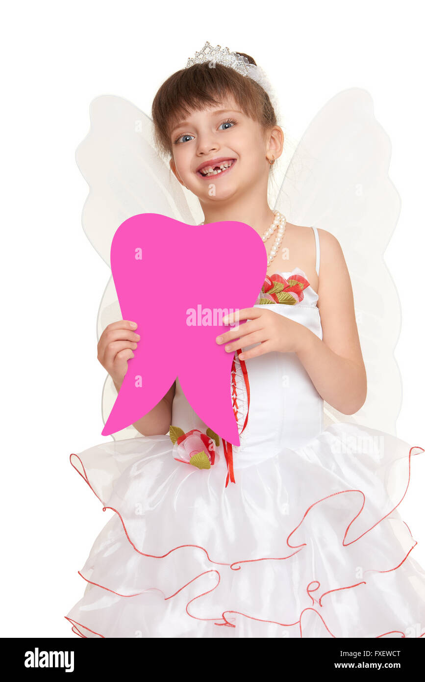girl child lost tooth fairy dressed in white gown with wings show big ...