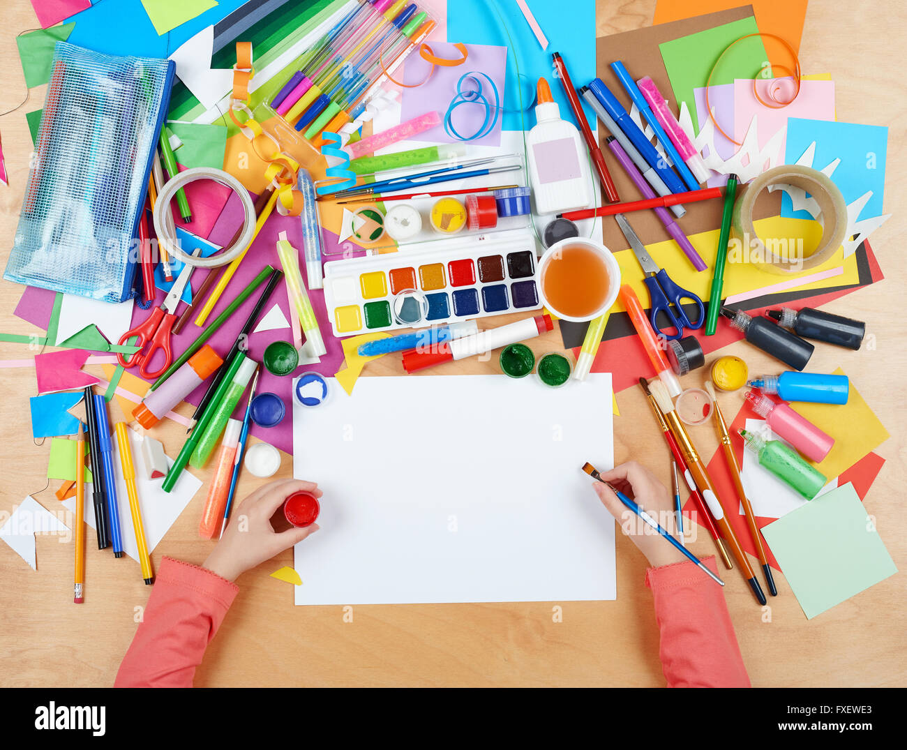 Child drawing top view. Artwork workplace with creative accessories ...