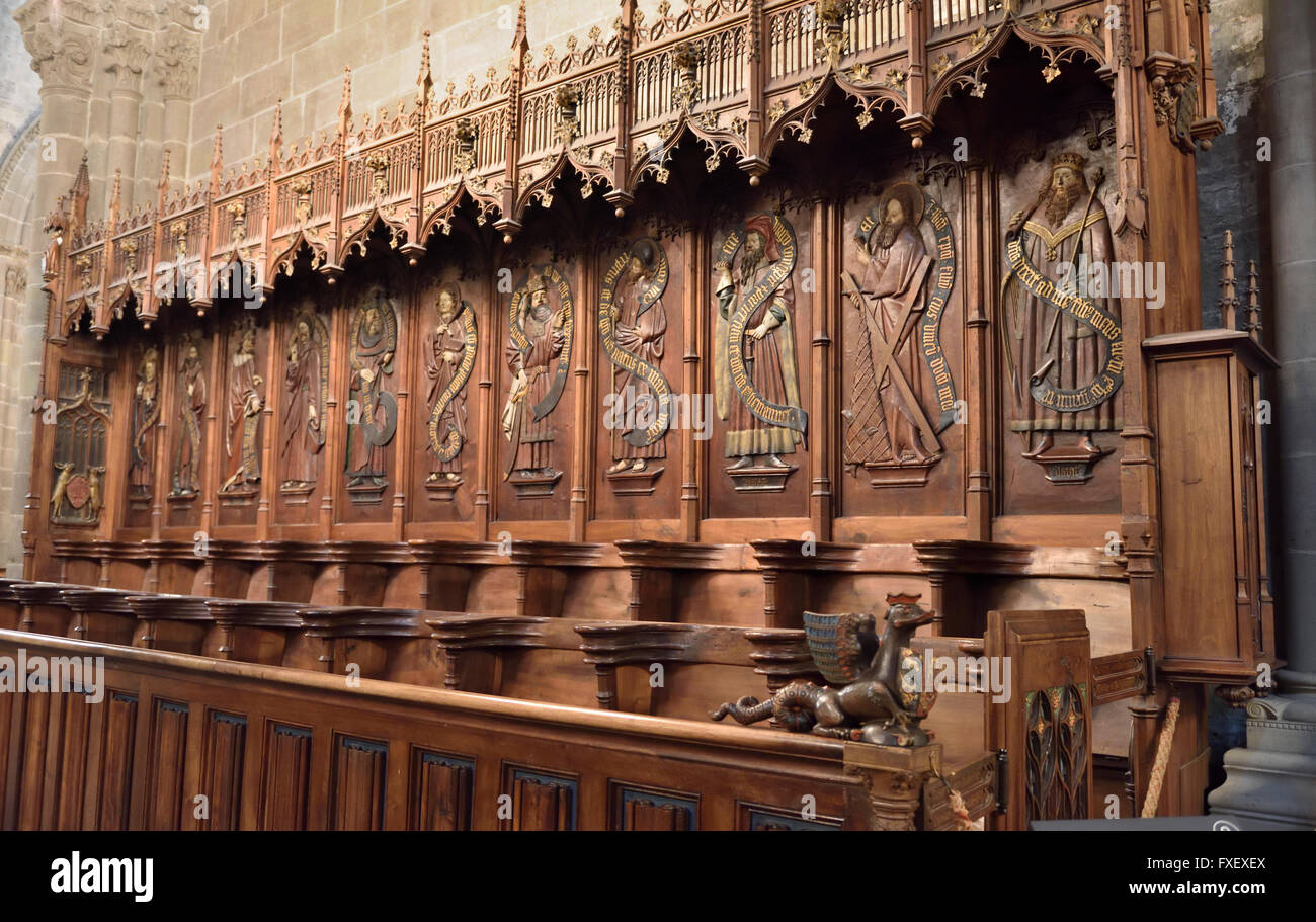 15th century choir stalls in St. Pierre Cathedral, Geneva, Switzerland ...