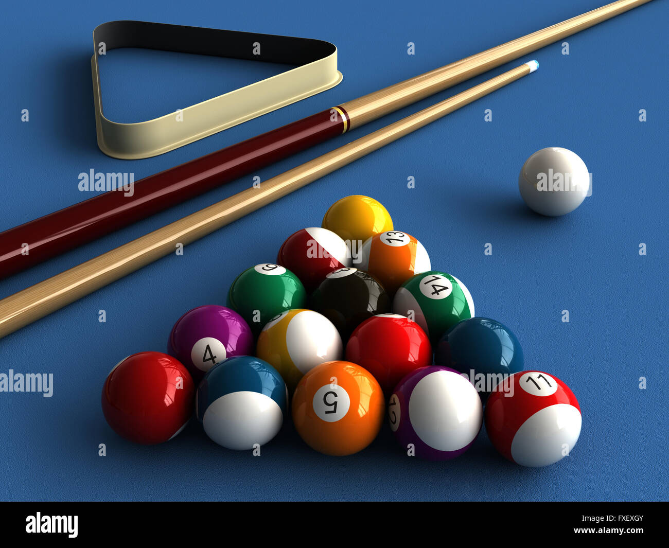 3d rendering of billiard balls and stick over billiard table Stock ...