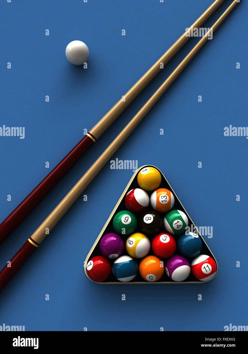 3d rendering of billiard balls and stick over billiard table Stock ...