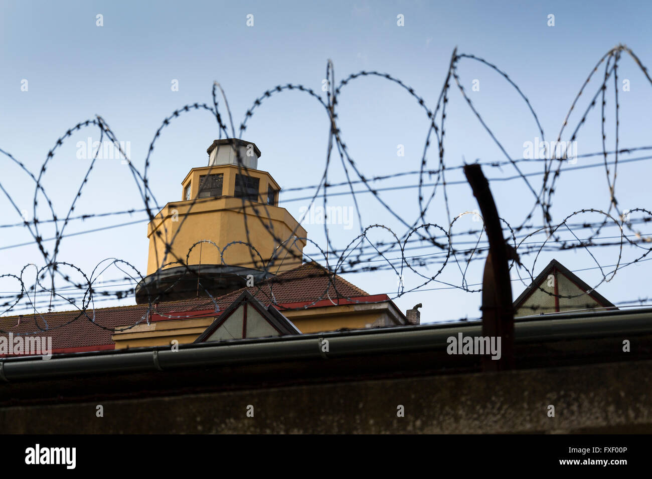 Guarding Tower Behind Barbed Wire Fence Around Prison Vintage Prison