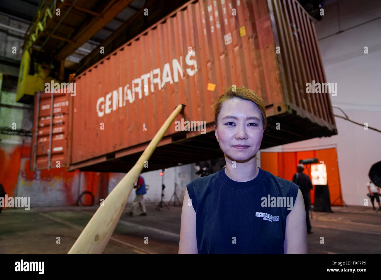 South Korean artist Minouk Lim poses with her artworks at Carriageworks ...