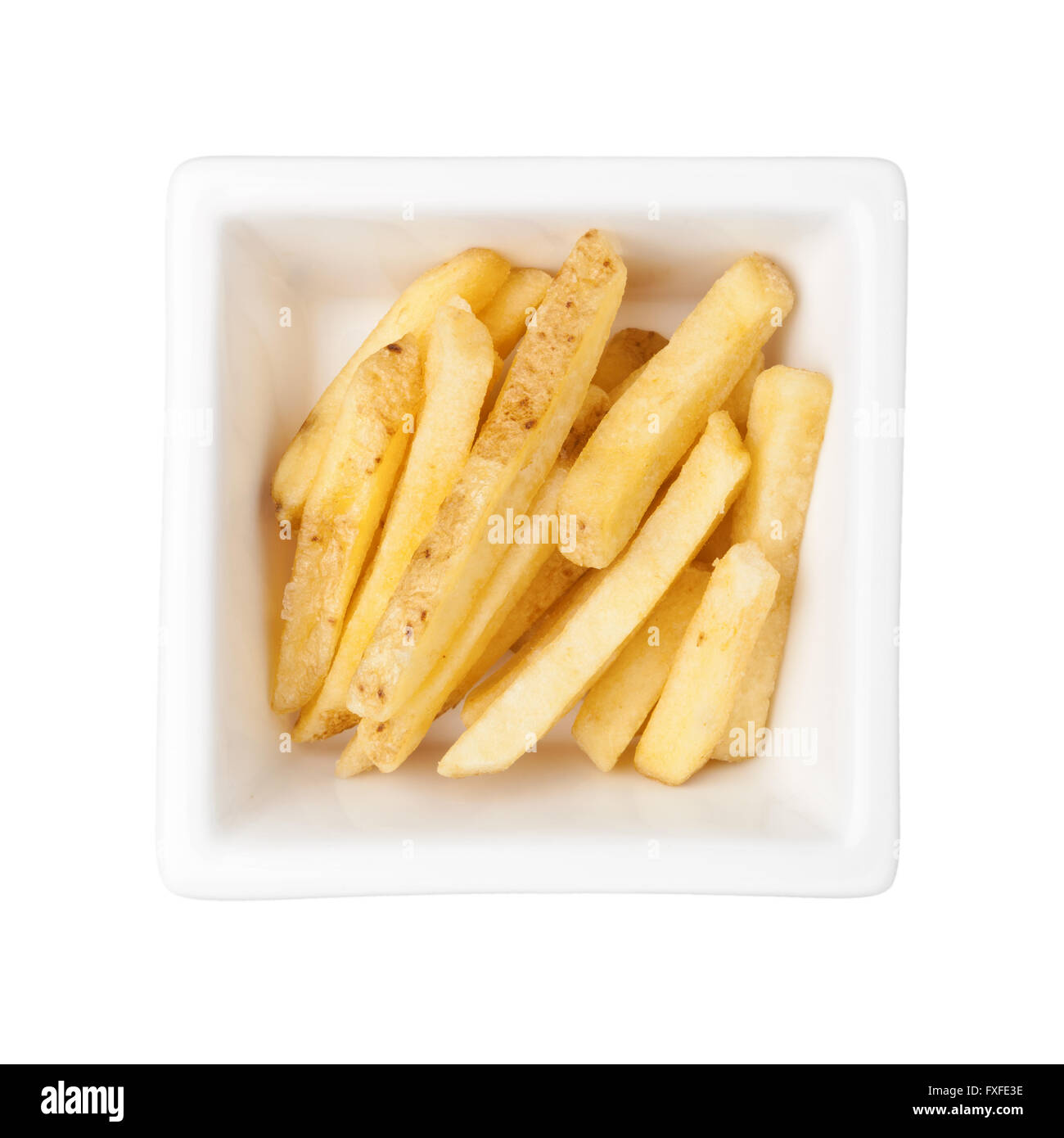 Pieces of french fries in a square bowl isolated on white background ...
