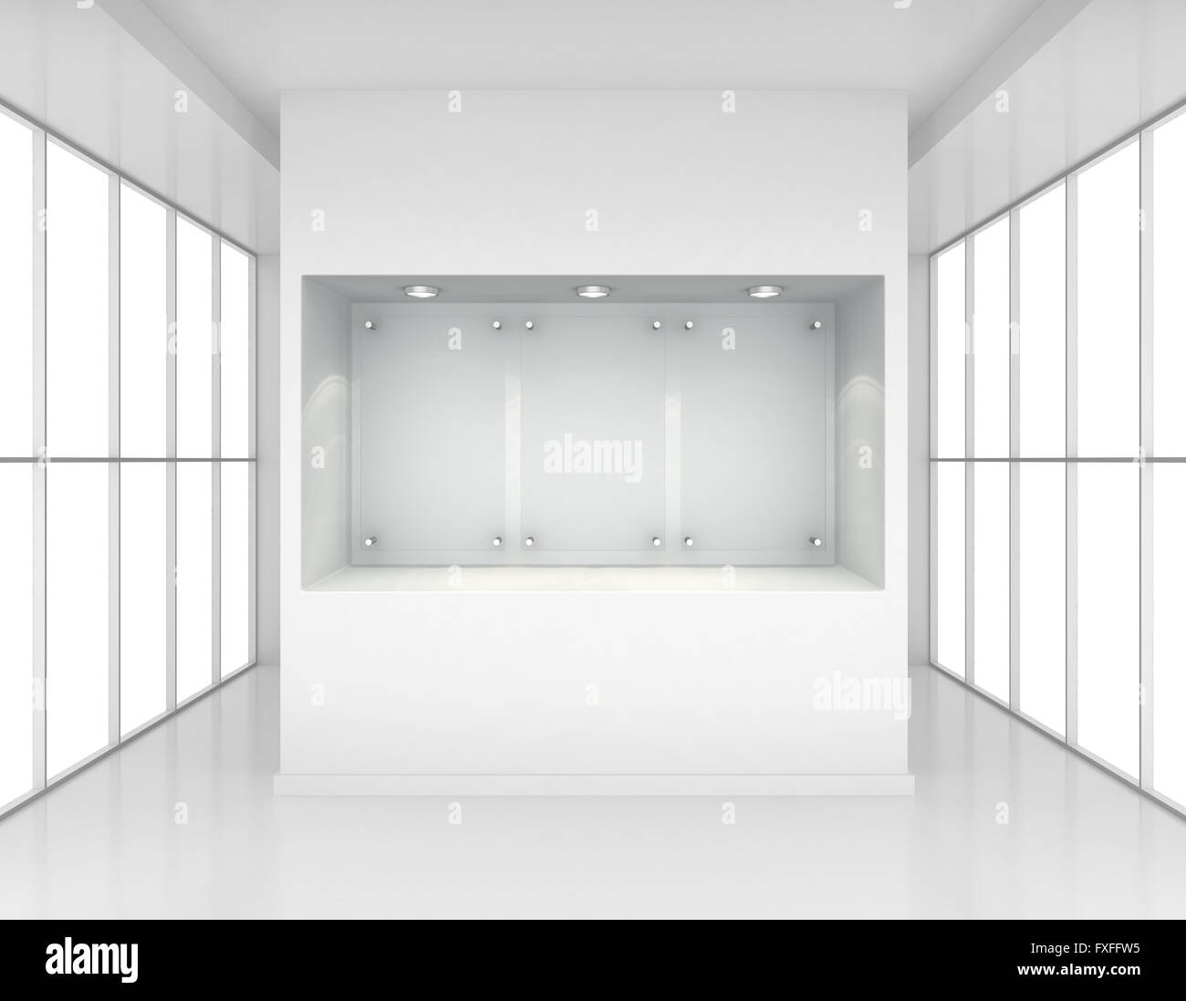 Exhibit Showcases with blank glass signs in the interior. 3d rendering ...