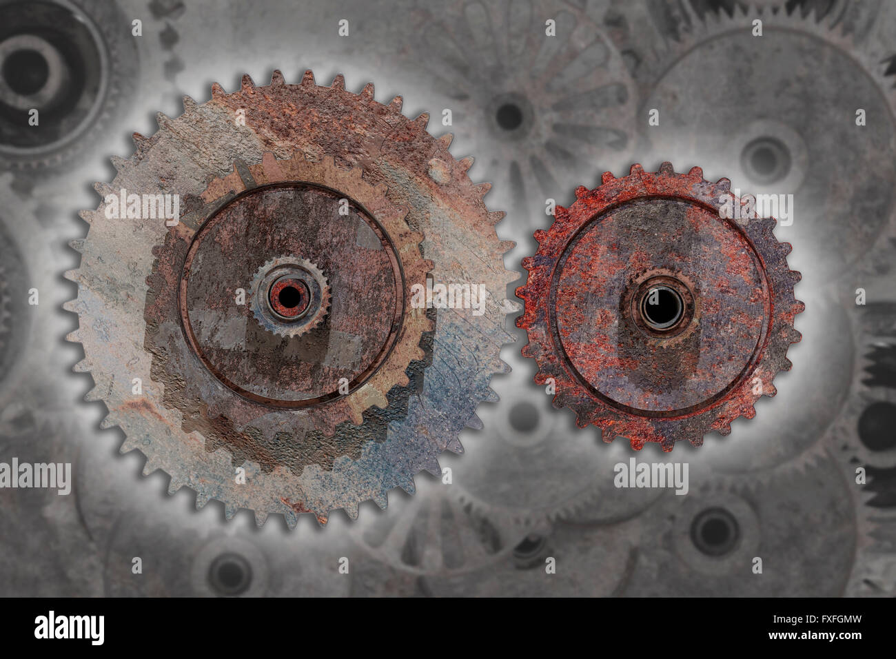 3d rendering of two rusty cogwheels of different shape and size against ...