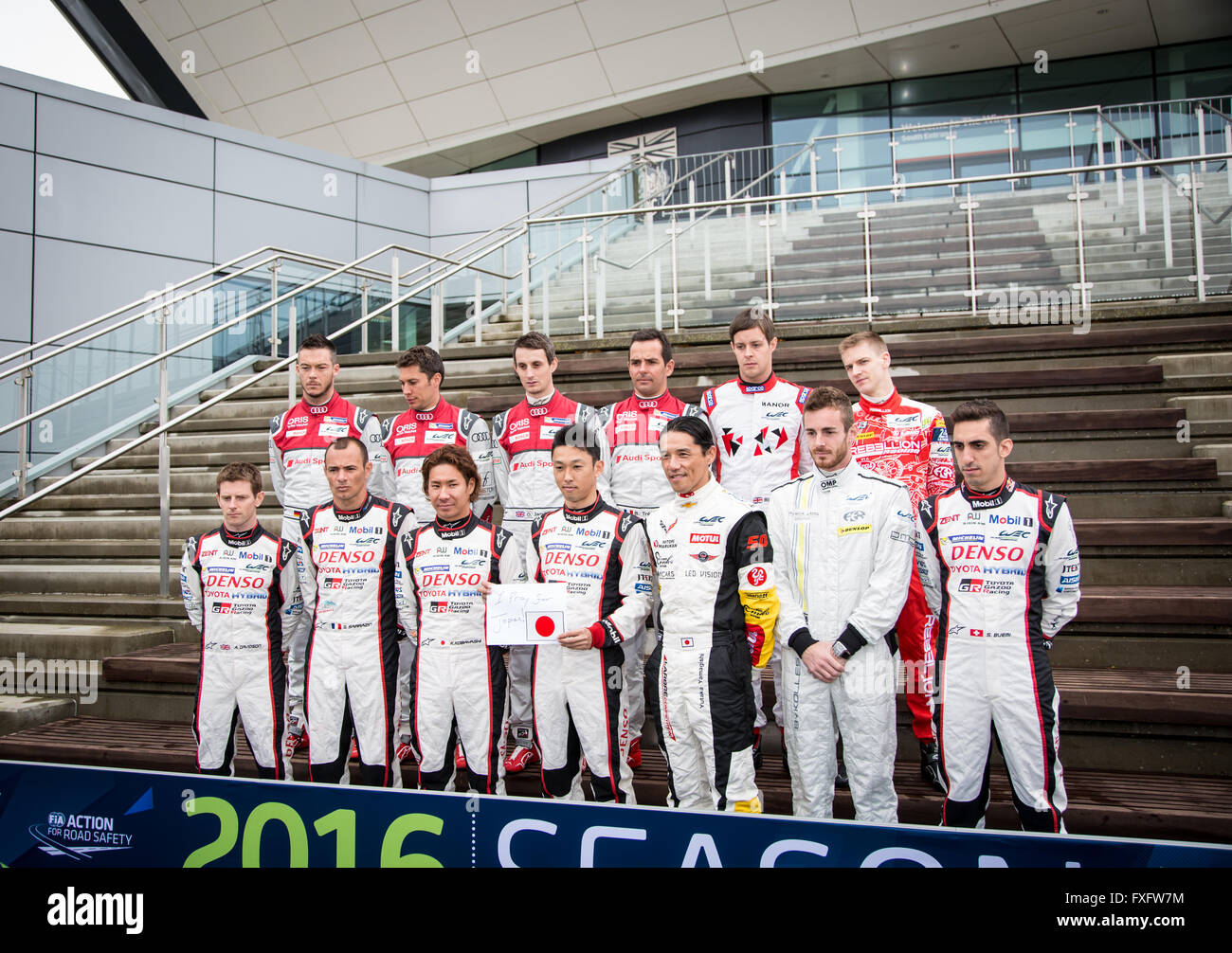 Silverstone, UK. 15th Apr, 2016. WEC drivers holding a sign saying pray ...