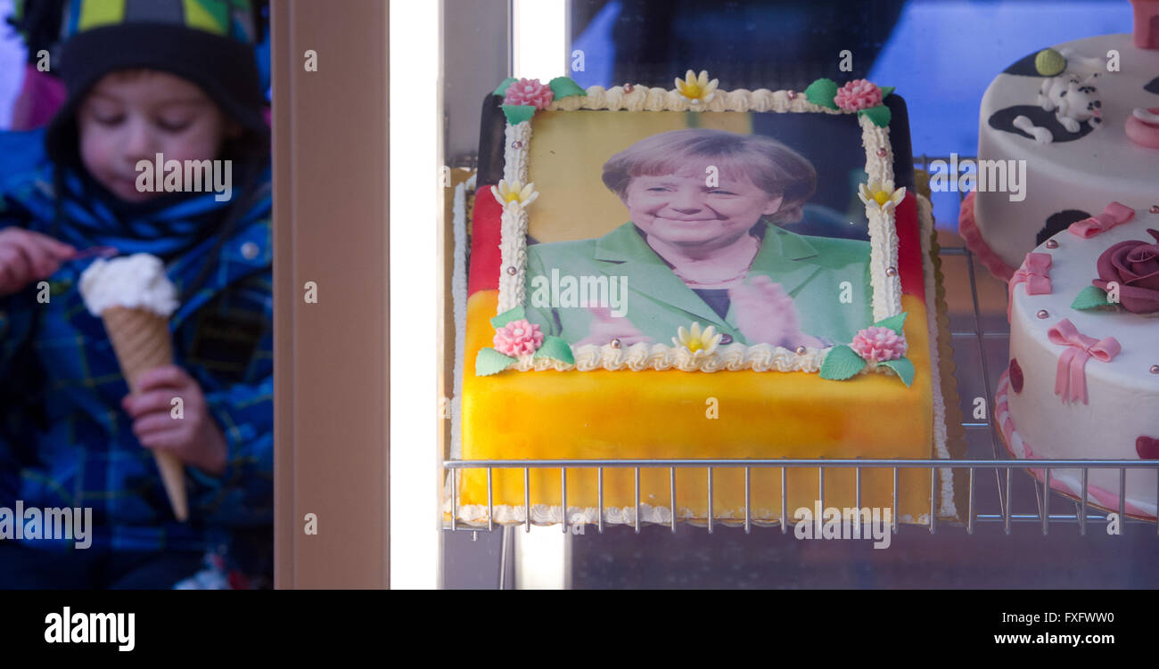 Heringsdorf, Germany. 14th Apr, 2016. A cake with a sugary picture of ...