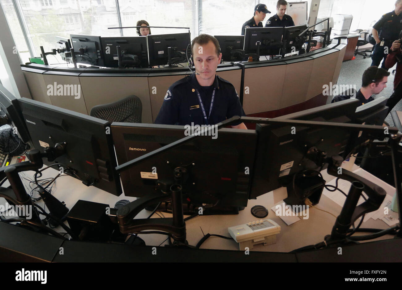 Vancouver, Canada. 15th Apr, 2016. A medical dispatcher of BC Emergency ...