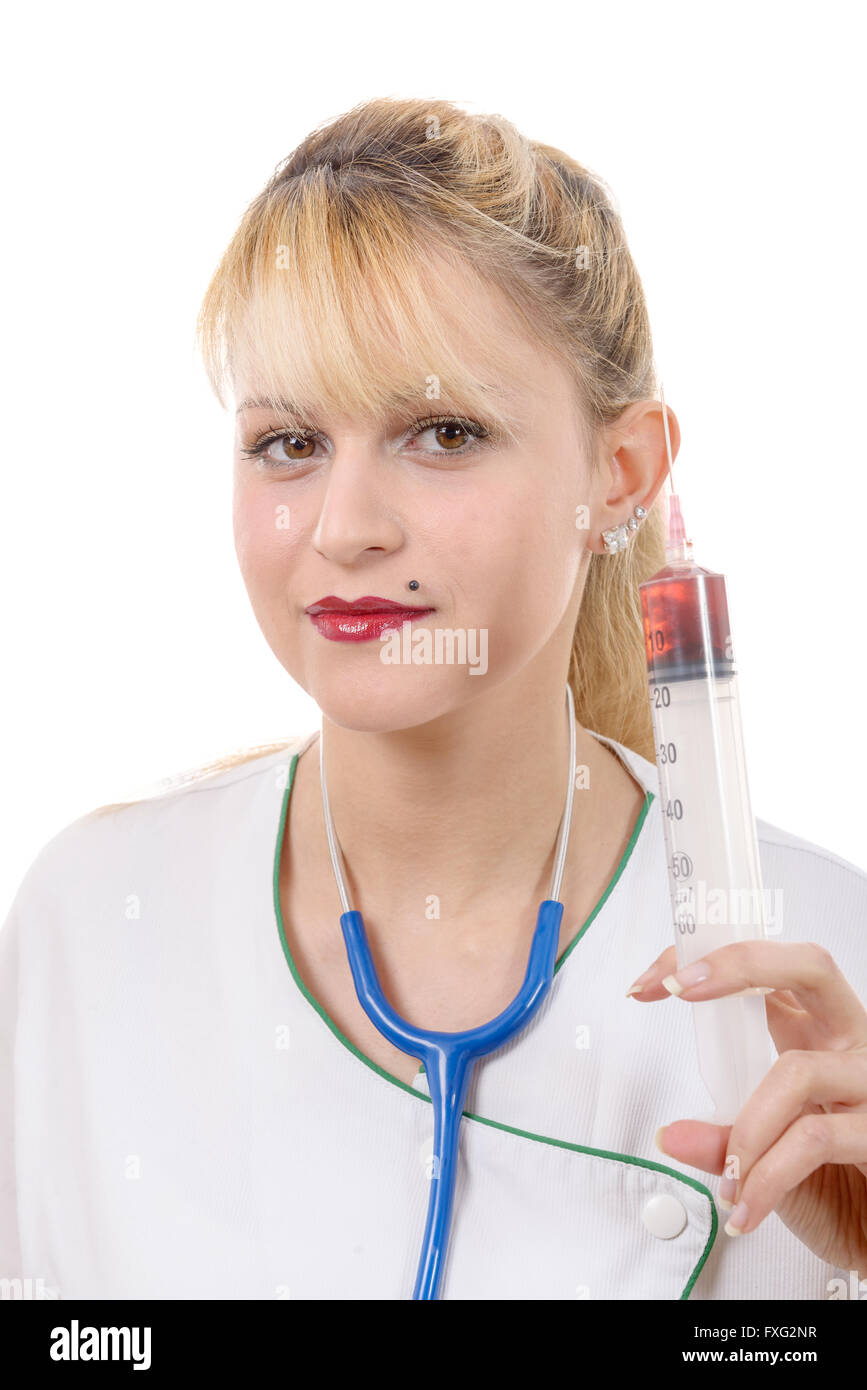 an happy smiling young female doctor with syringe , on white Stock ...