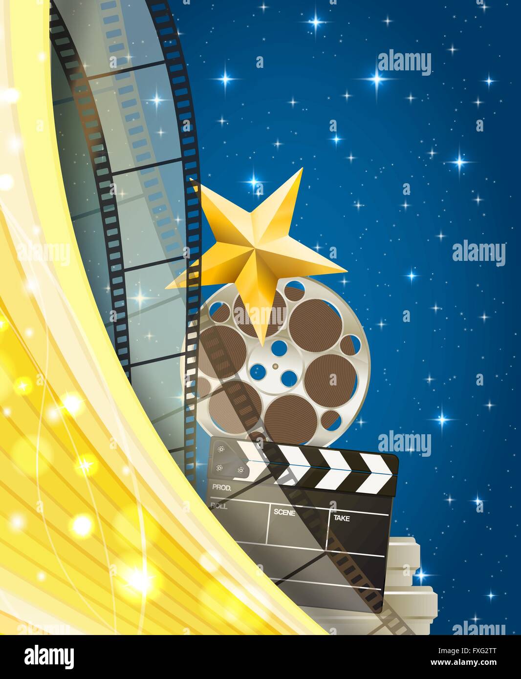 cinema background with retro filmstrip, clapper and star isolated on ...